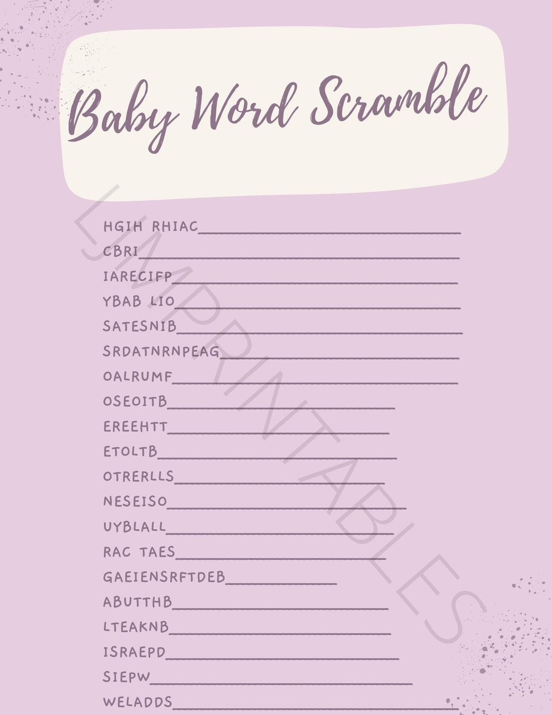 PURPLE Baby Shower Word Scramble - Etsy