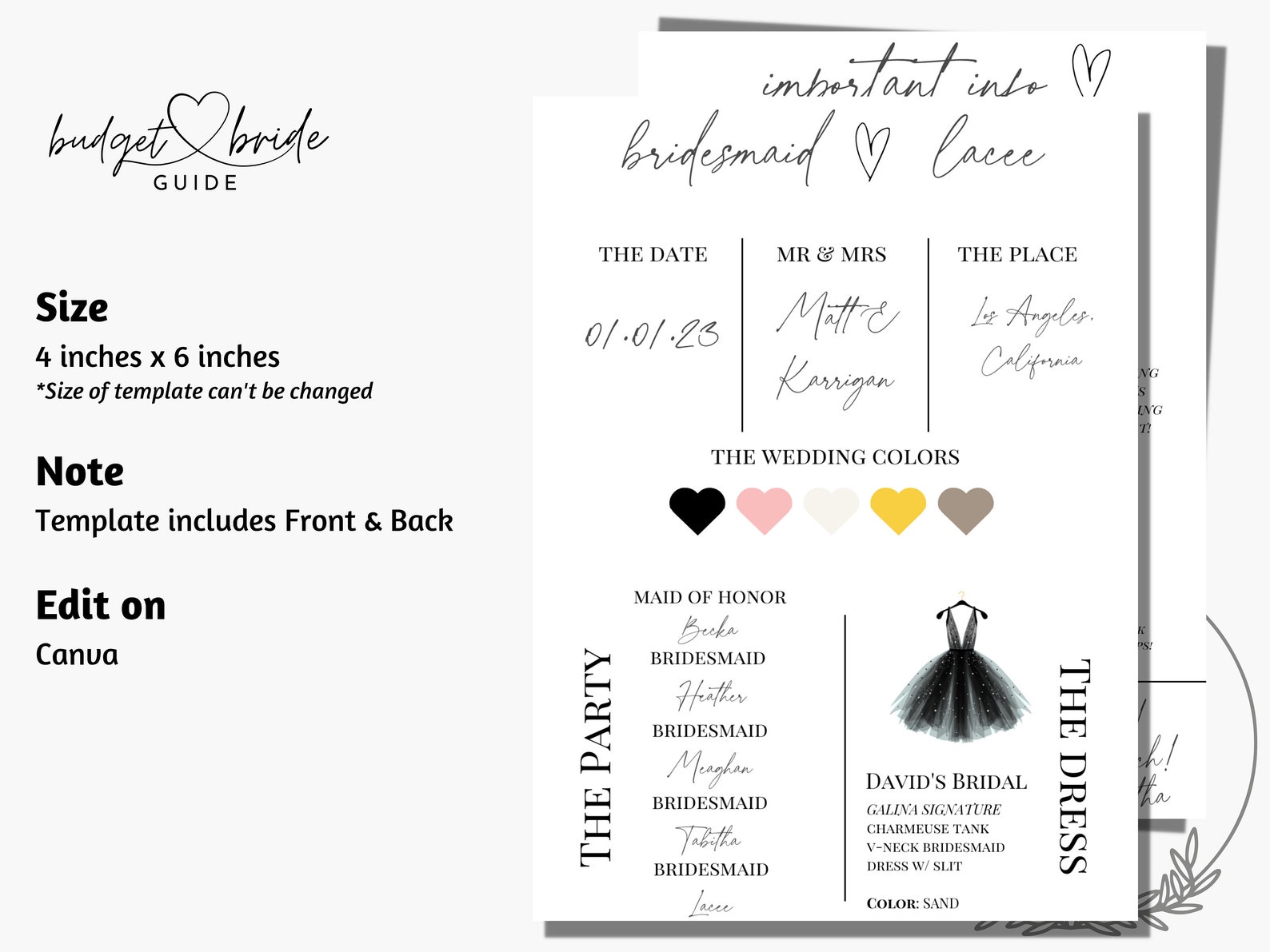 Bridesmaid Info Card Unique Made of Honor Cards Stylish - Etsy