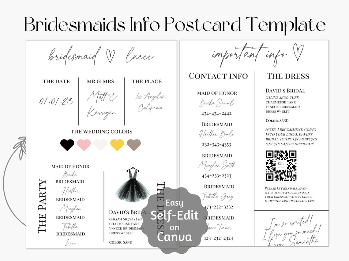 Bridesmaid Info Card Unique Made of Honor Cards Stylish - Etsy