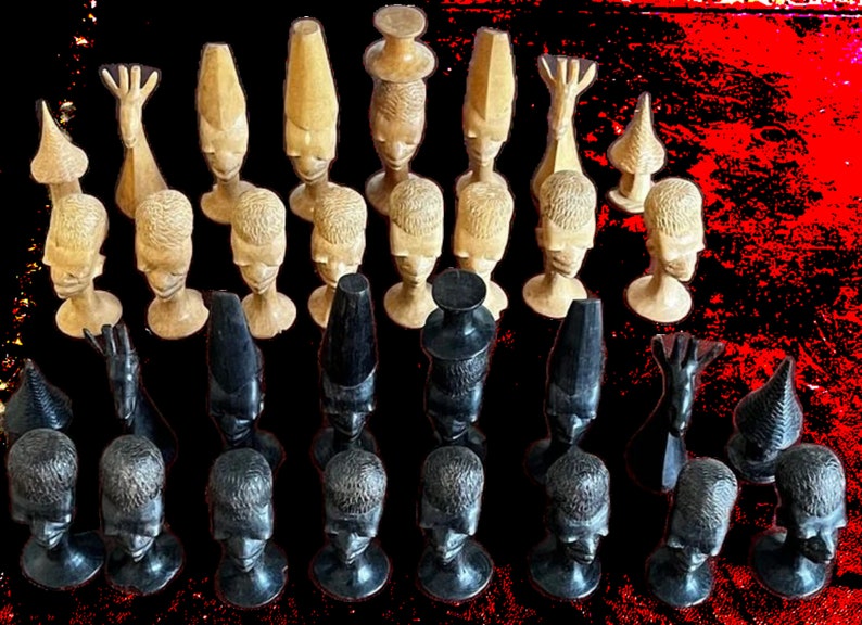 African Ebony Wood Hand Carved Nomads and Animals Chess Set Unique ...