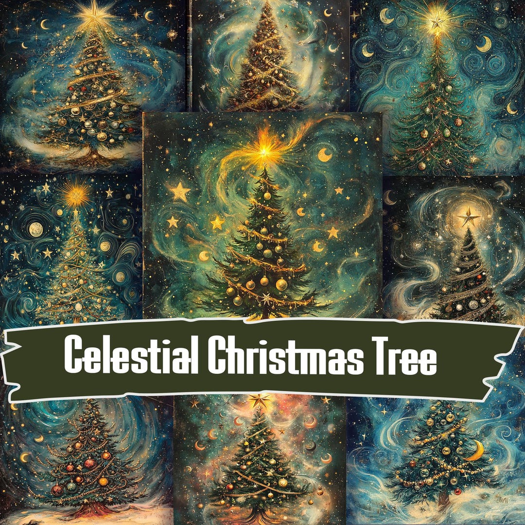 Celestial-themed Christmas Tree Art - Festive Moon and Stars Holiday ...