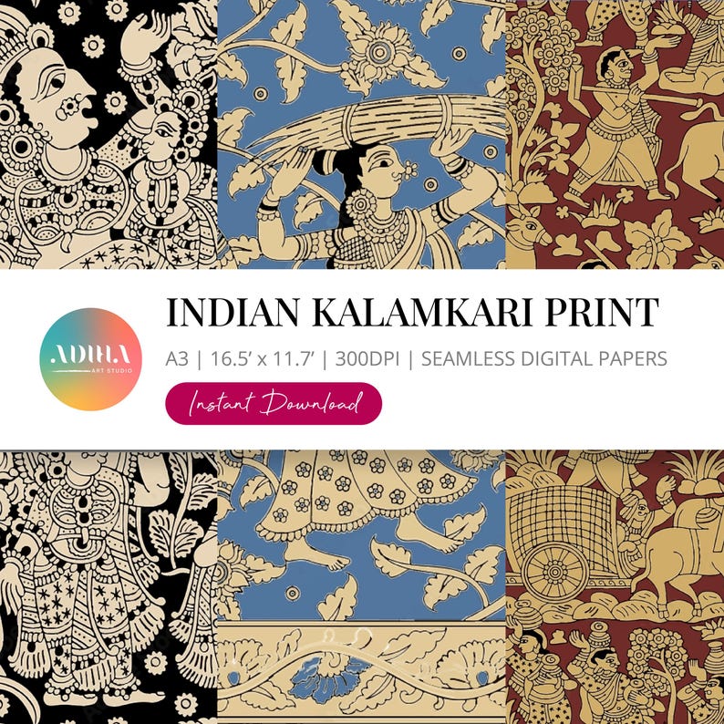Indian Kalamkari Print Digital Paper Folk Art Seamless Pattern Digital ...