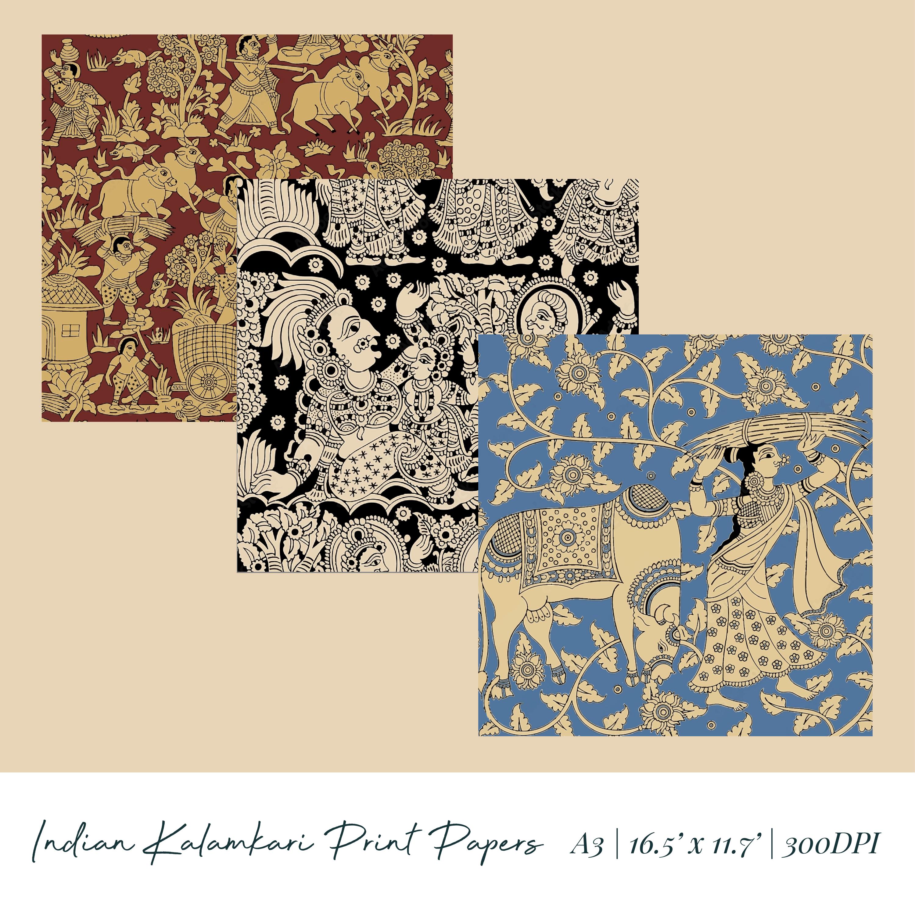 Indian Kalamkari Print Digital Paper Folk Art Seamless Pattern Digital ...