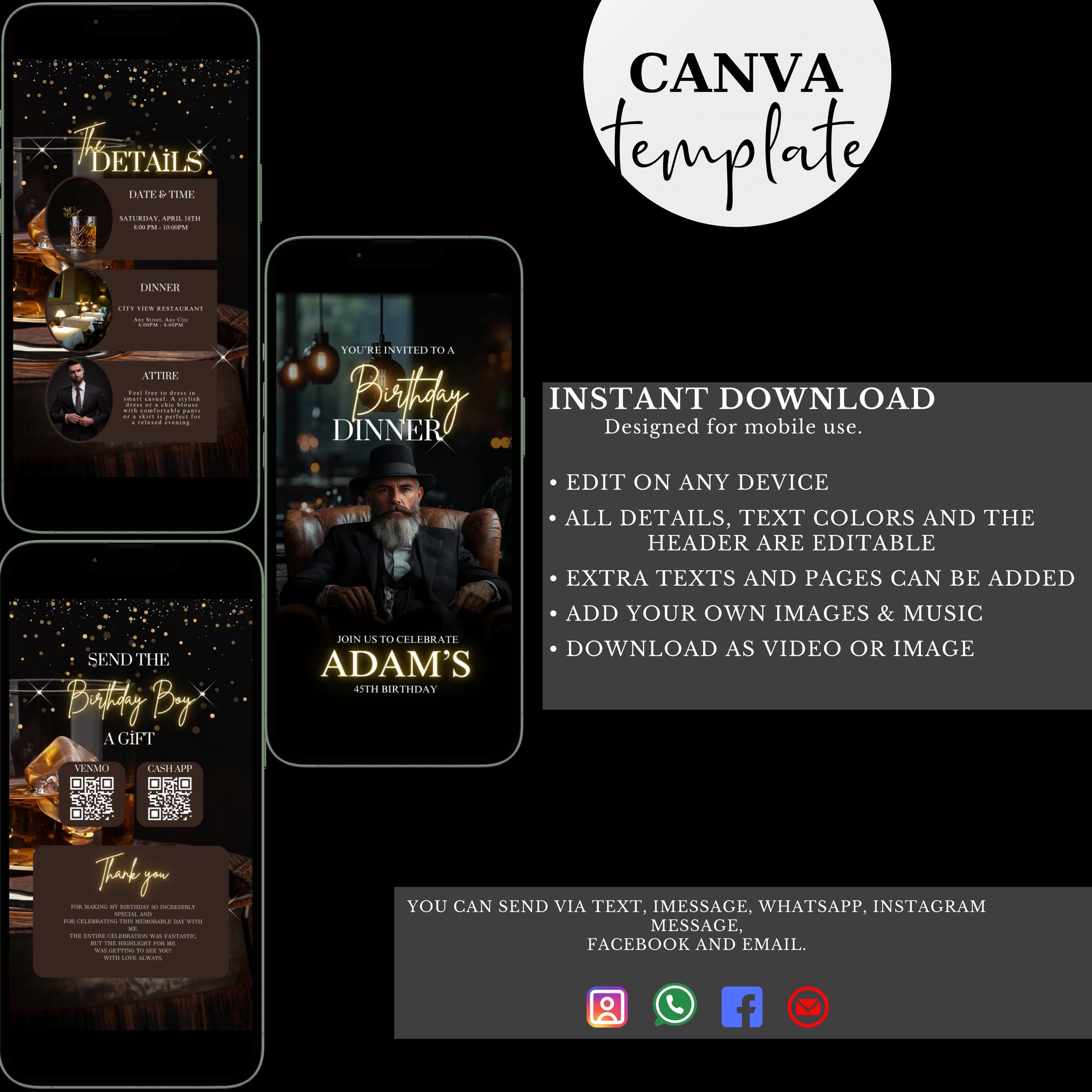 Animated Birthday Dinner Invitation, DIY Template Design, Men's Party ...