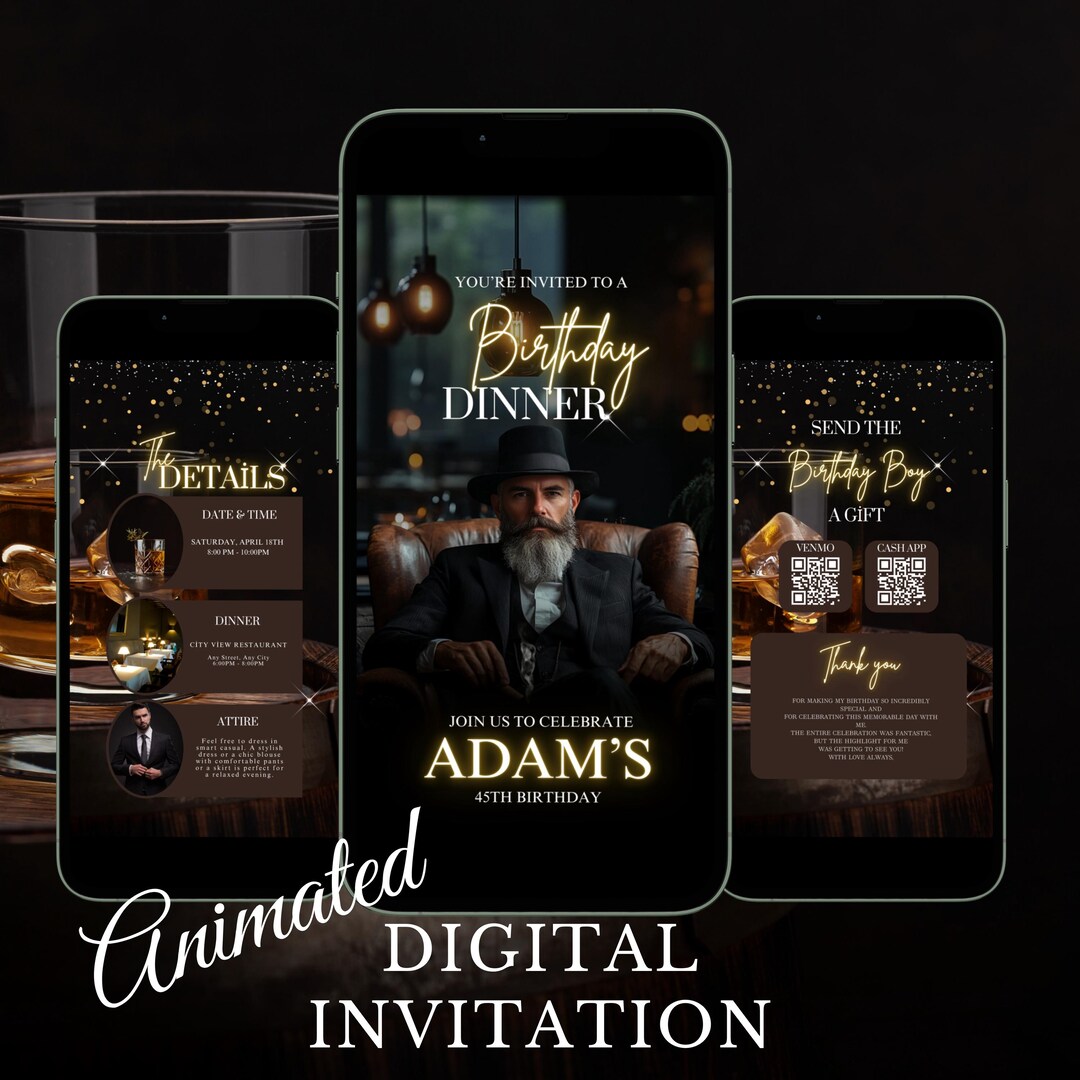 Animated Birthday Dinner Invitation, DIY Template Design, Men's Party ...