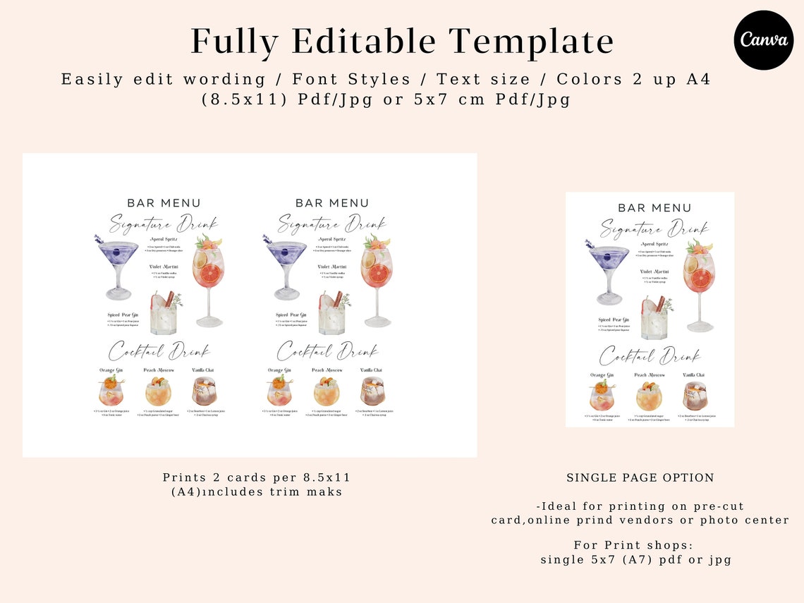 Bar Menu Template Modern Editable Drink Menu Template - Etsy