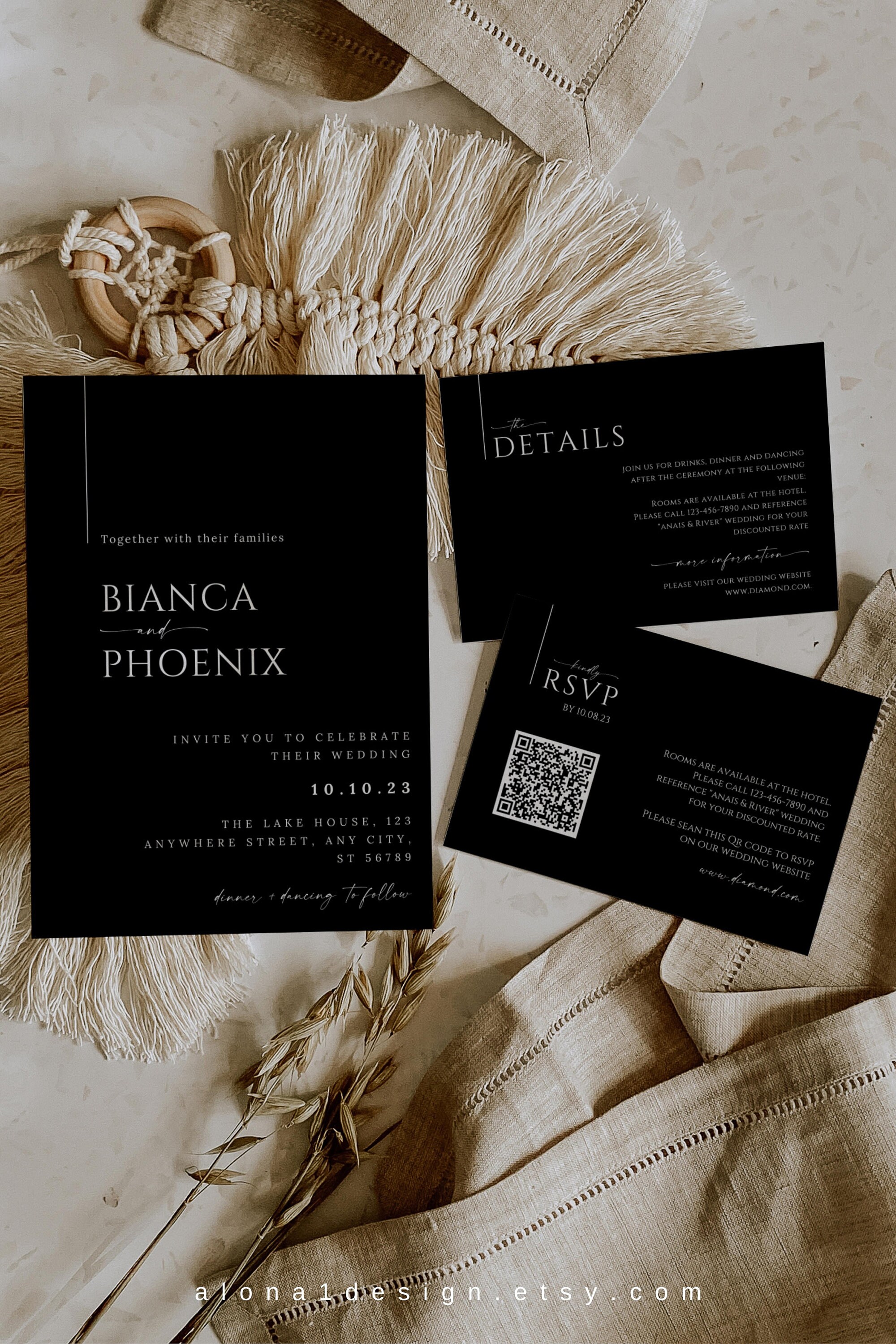 BIANCA QR Code Wedding Invitation Suite, Modern Black Wedding ...