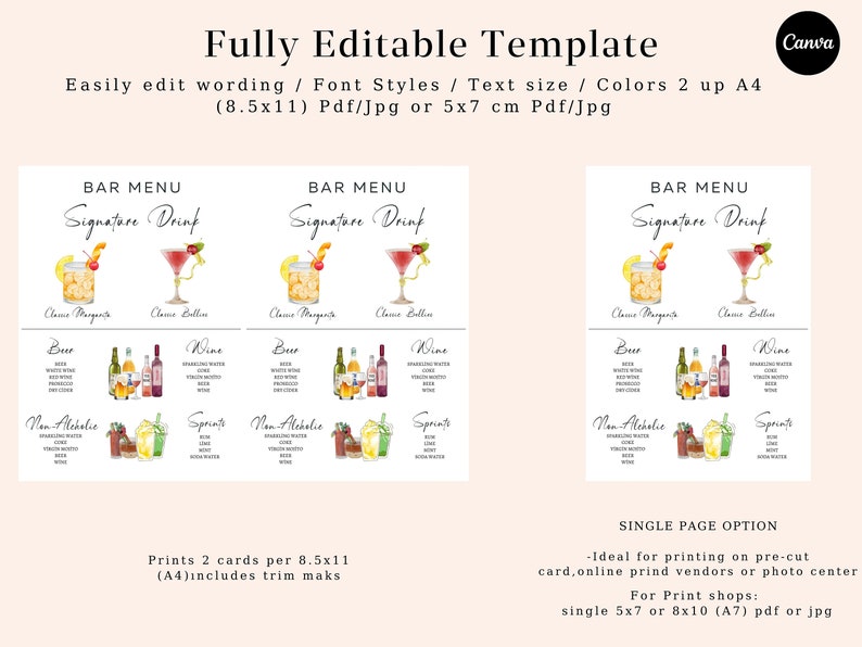 Bar Menu Template Modern Editable Drink Menu Template - Etsy