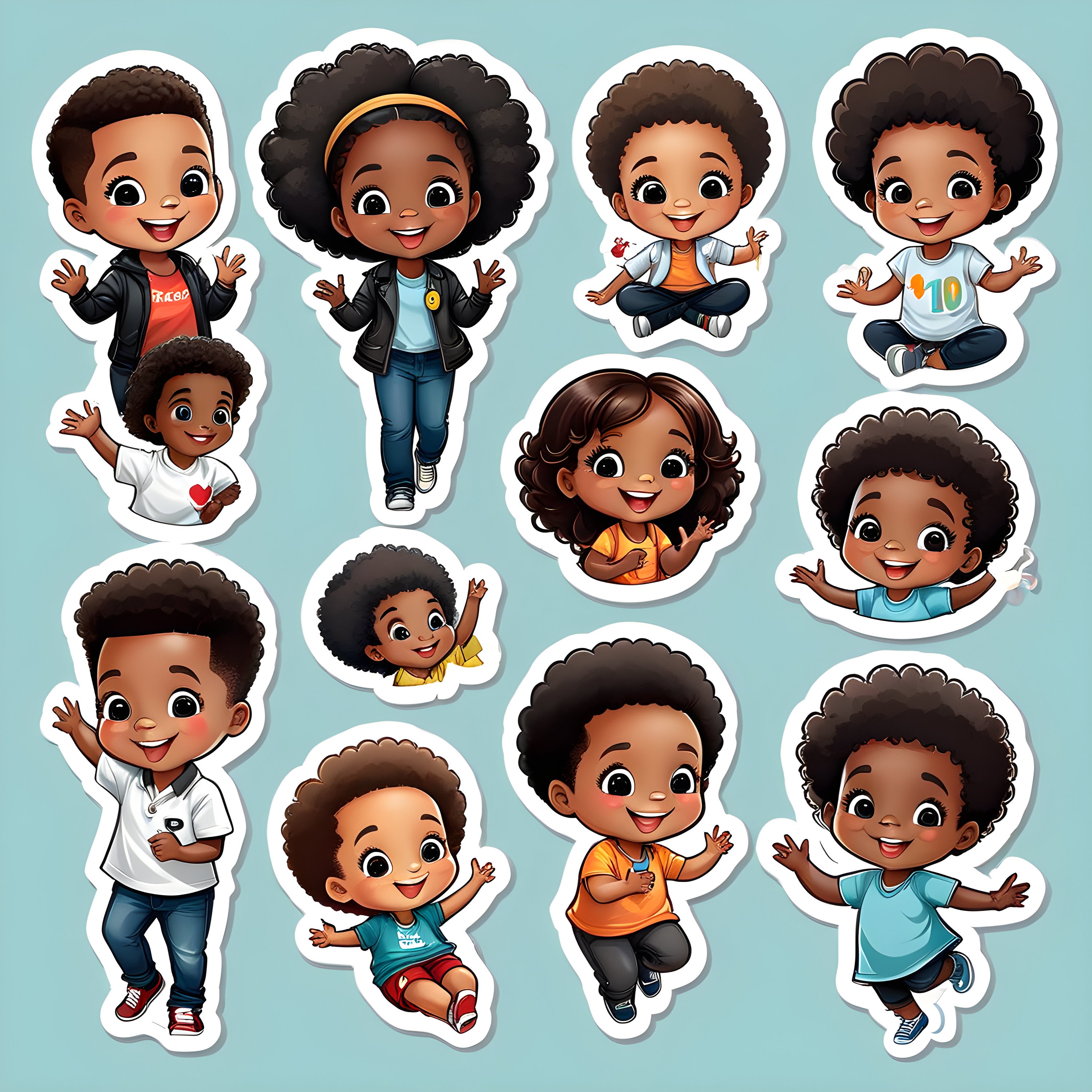 Sheet of 11 Printable Cartoon Brown Skin Kid Stickers - V2 - Etsy