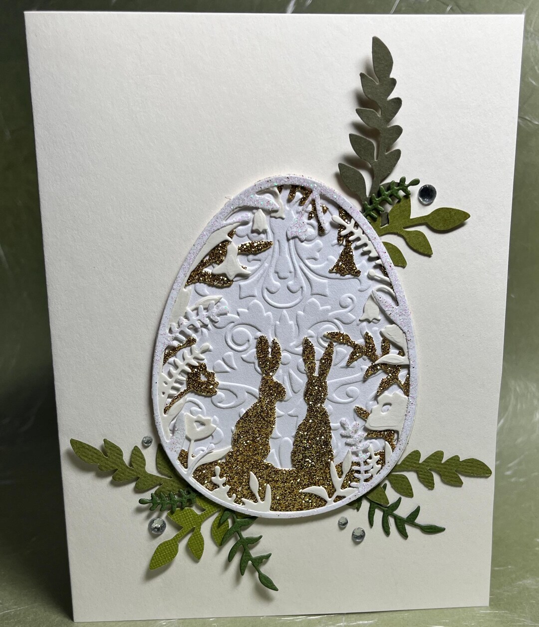 Embossed Easter Card: Glitter Gold Bunny Egg, Floral Design - Etsy