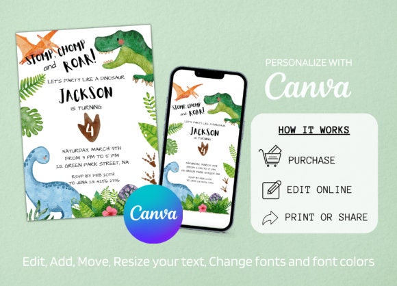 Editable Dinosaur Birthday Invitation Dino Party Editable Template ...