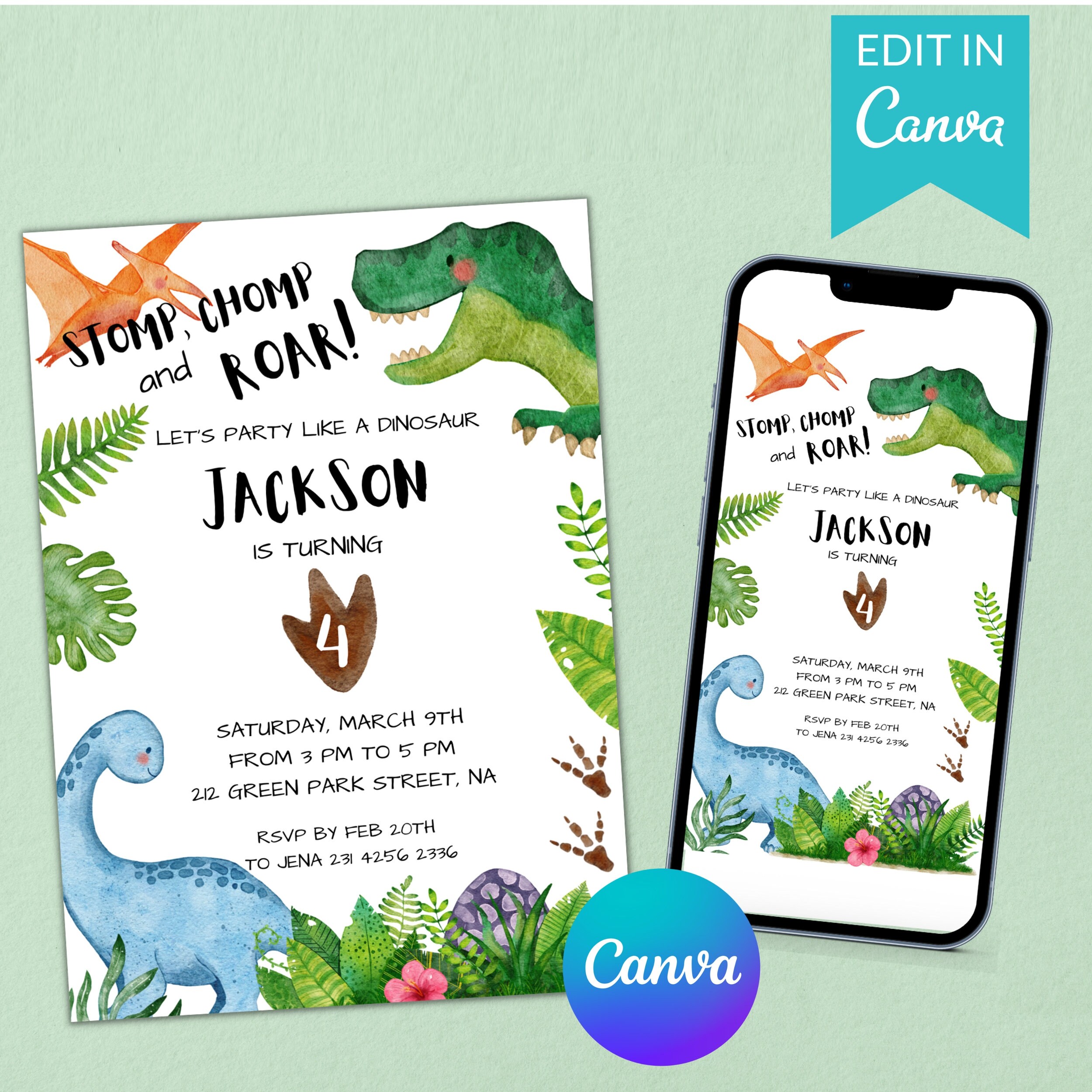 Editable Dinosaur Birthday Invitation Dino Party Editable Template ...