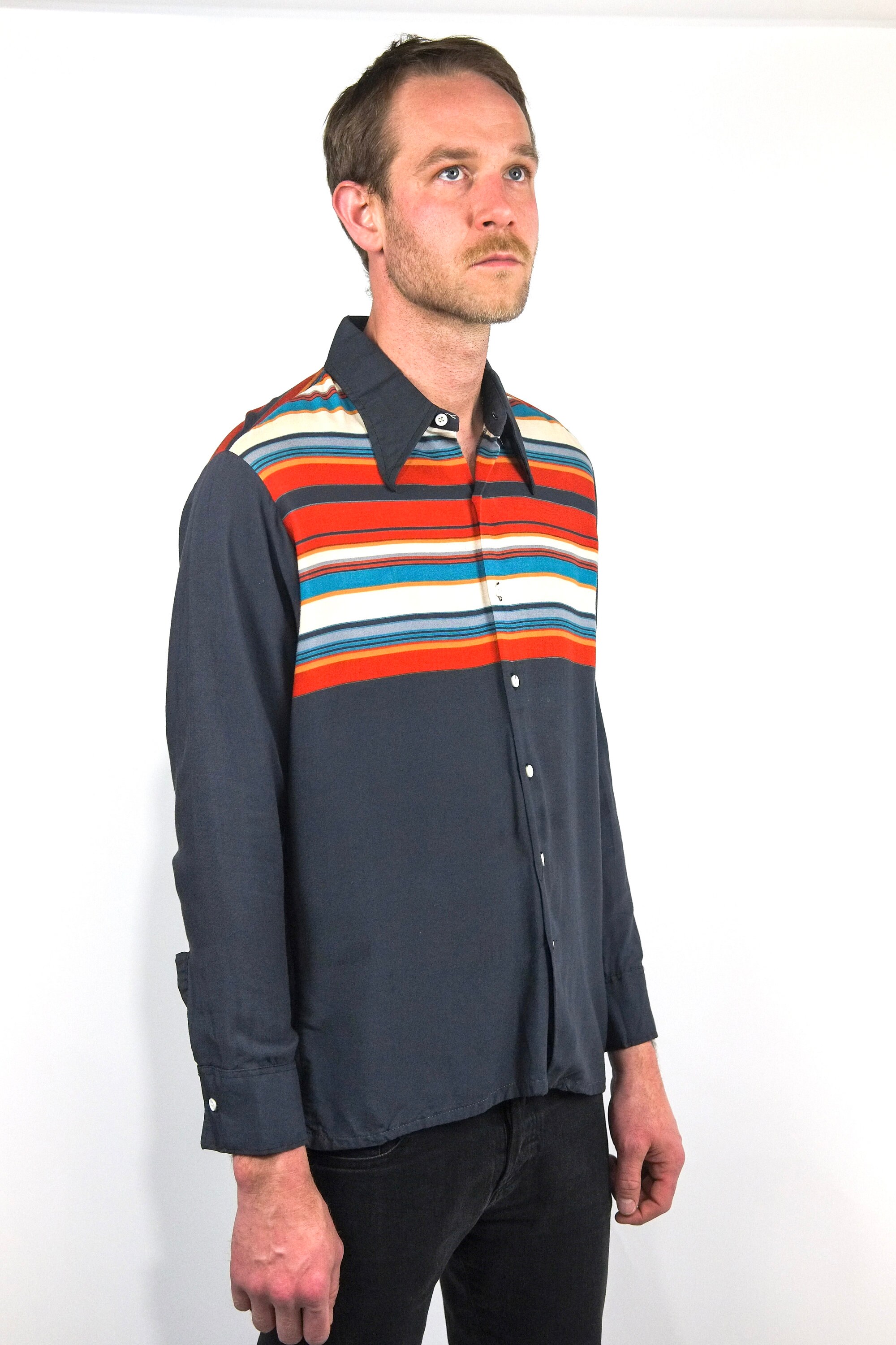 Vinage 1960s Rayon Button Down // Navy Blue Multicolor Striped Long ...