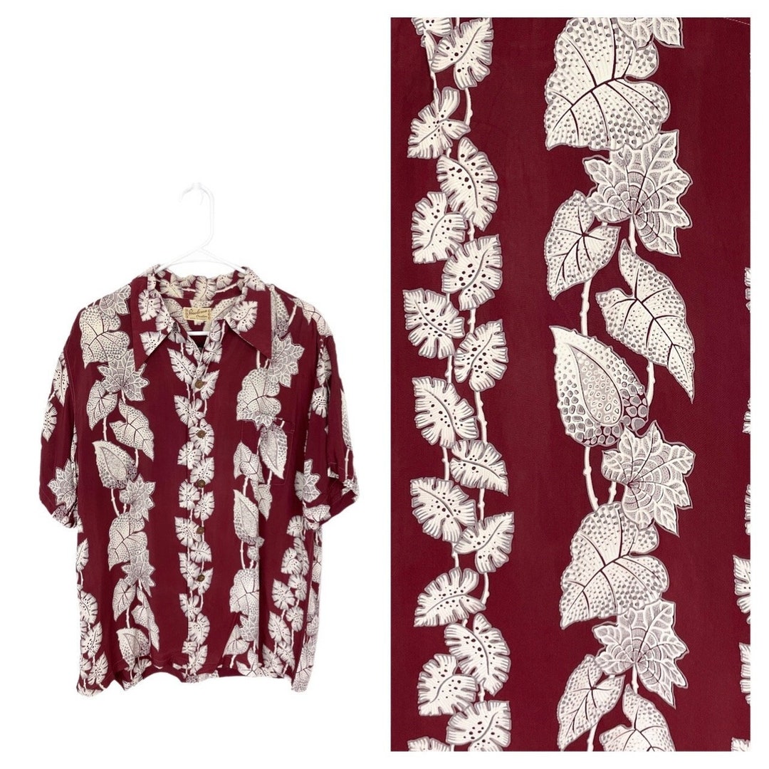 Vintage 1940s Rayon Hawaiian Button Down // Maroon Novelty Leaf Print ...