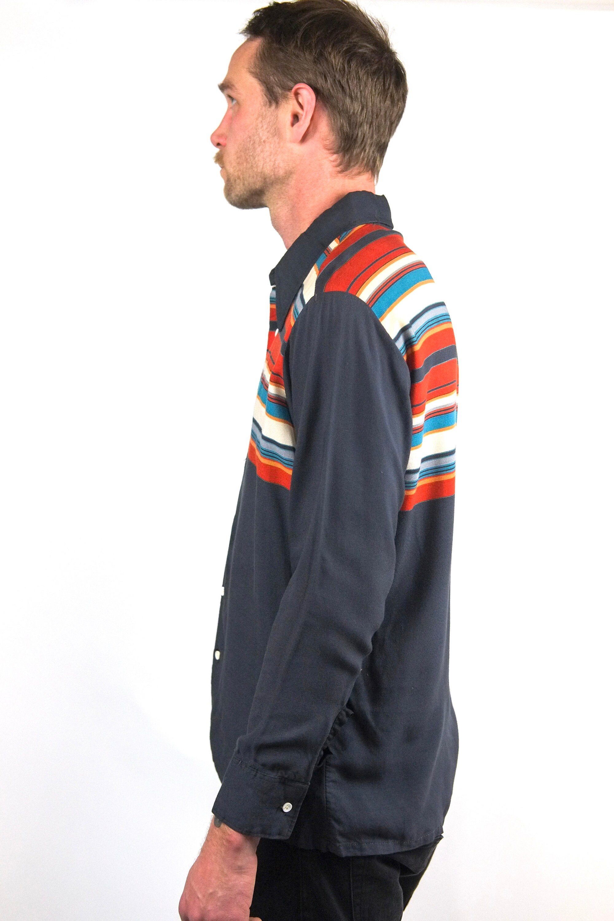 Vinage 1960s Rayon Button Down // Navy Blue Multicolor Striped Long ...