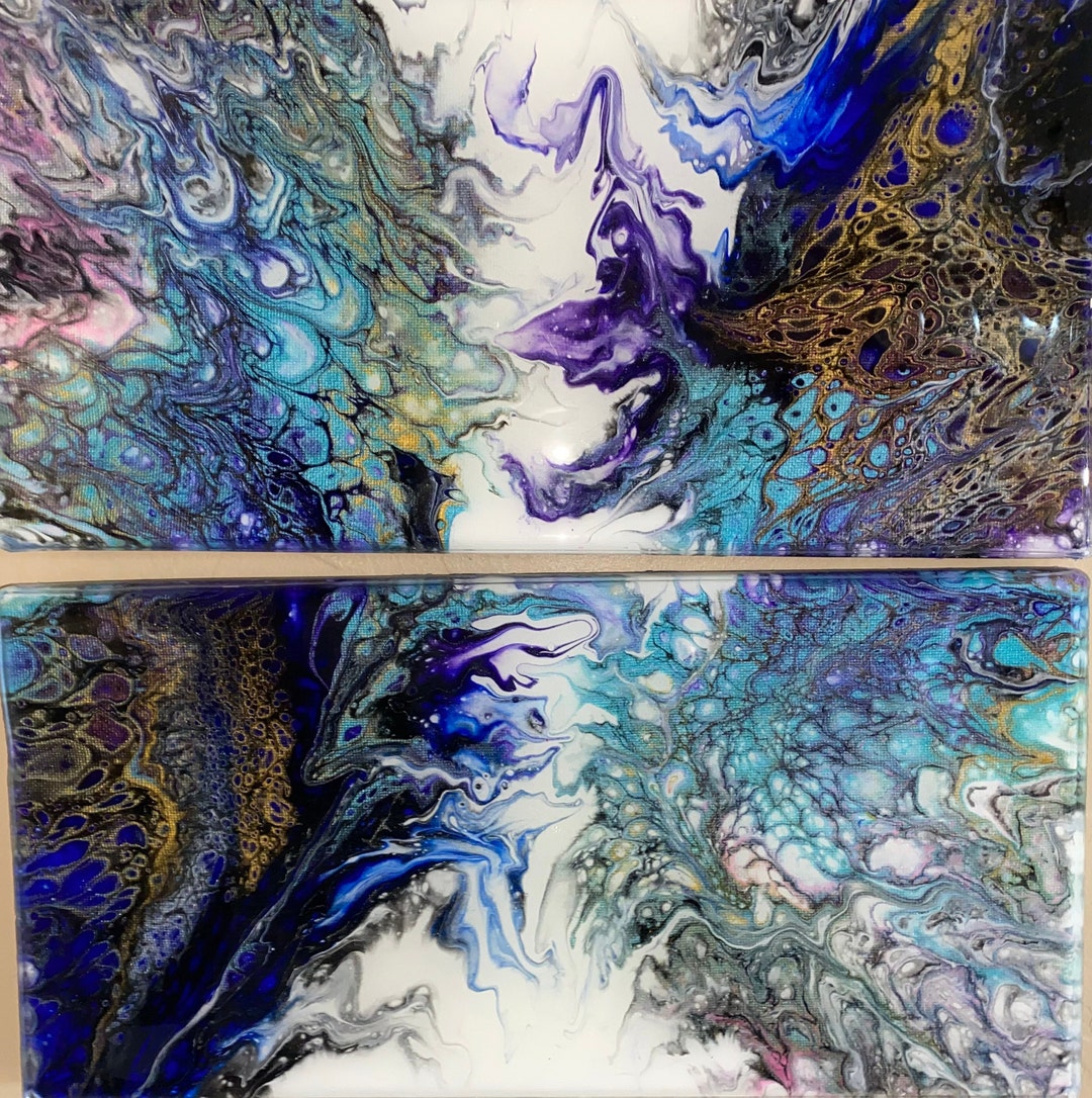 Peacock Frenzy One of a Kind Set of 2 7x14 Paint Poured Acrylic ...