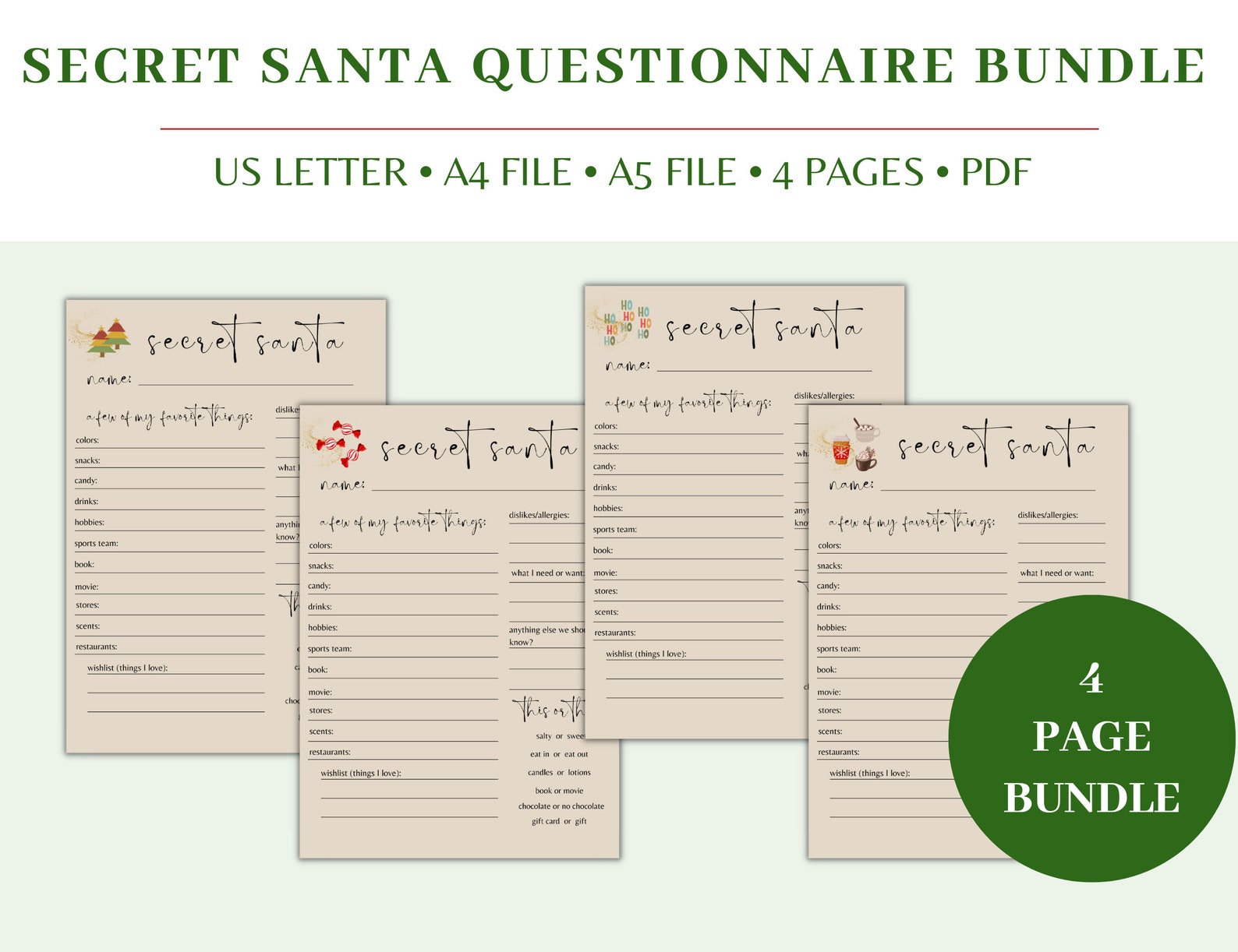 Secret Santa Questionnaire Secret Santa Printable Secret Etsy