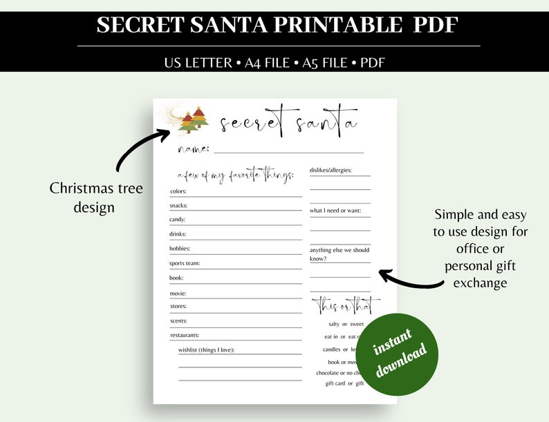 Printable Secret Santa Questionnaire, Gift Exchange Wishlist (PDF) - Etsy