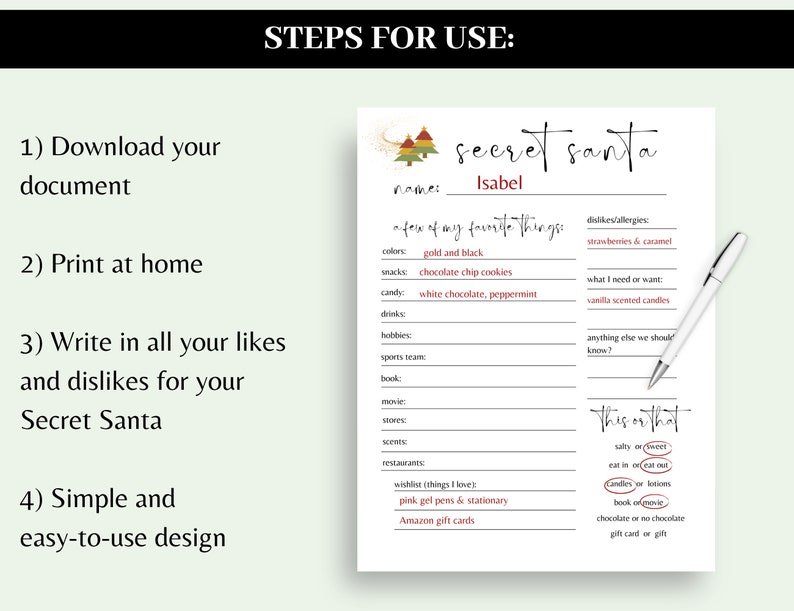 Secret Santa Questionnaire, Secret Santa, Printable Secret Santa ... Secret Santa Questionnaire, Secret Santa, Printable Secret Santa ...