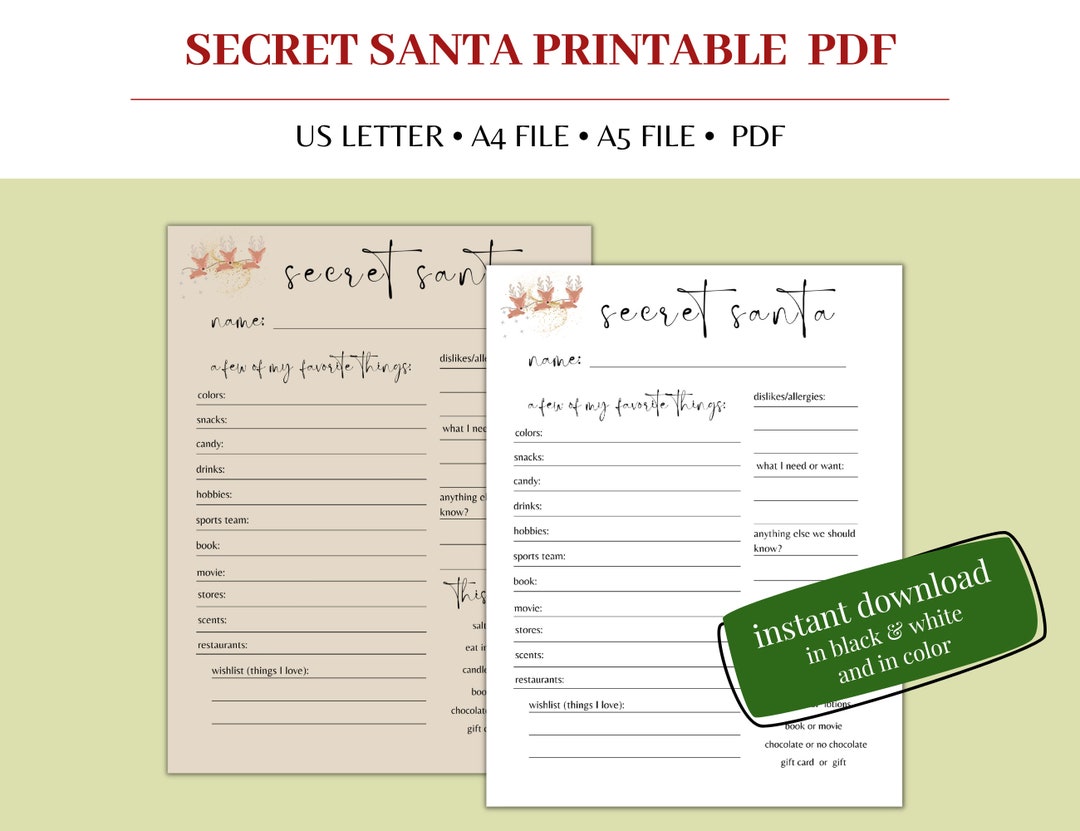 Secret Santa Questionnaire Secret Santa Printable Secret Santa