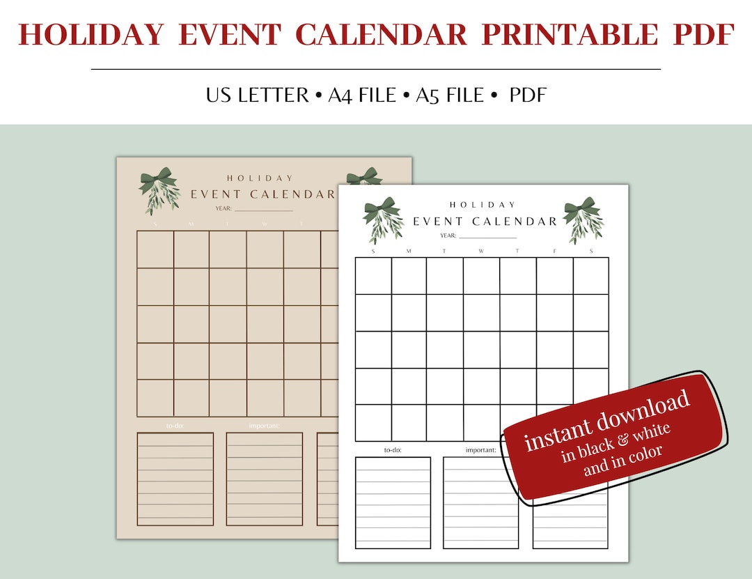 Holiday Event Calendar Printable, Holiday Event Calendar, Holiday Event ...