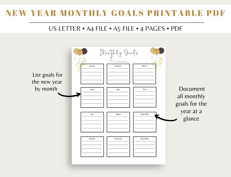 New Year Monthly Goals Printable, Year in Review (PDF) - Etsy