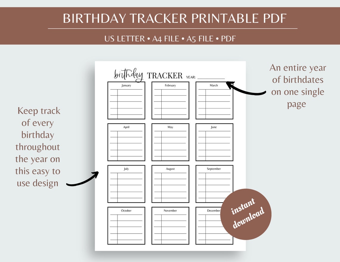 Birthday Tracker List, Birthday Log, Important Dates Printable, Yearly ...