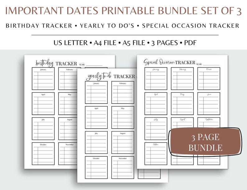 Important Dates Printable, Birthday Tracker List, Yearly Calendar ...