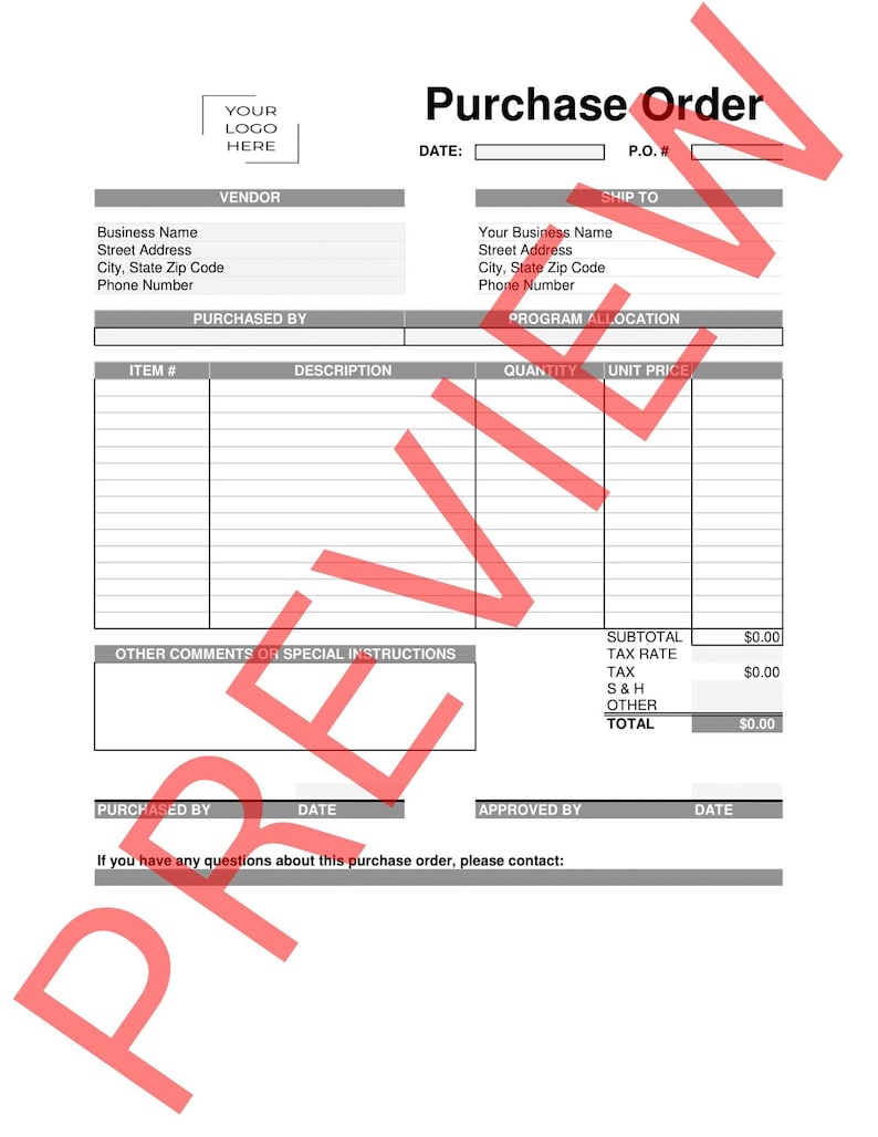 Purchase Order Template (for Invoices, Reimbursements, and Bank ...