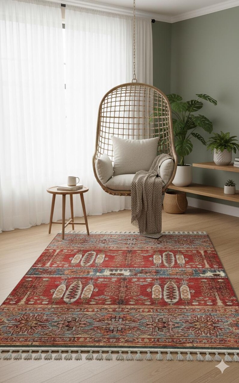 Red Vintage Rug: Classic Washable Rug With Tassels - Etsy
