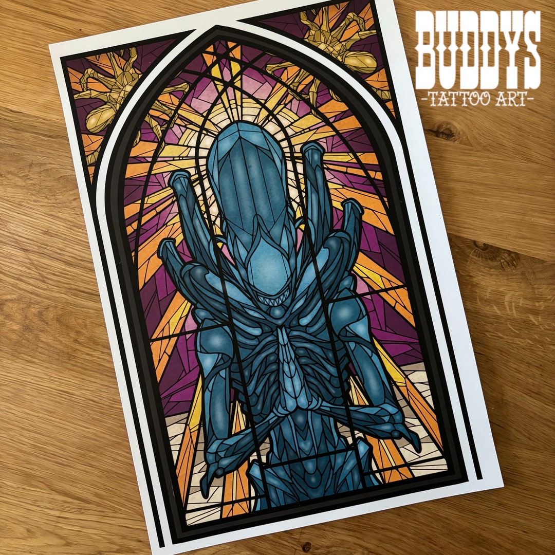 Alien Xenomorph Inspired Traditional Stained Glass Religious Tattoo ...