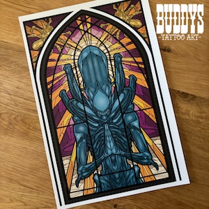 Alien Xenomorph Inspired Traditional Stained Glass Religious Tattoo ...