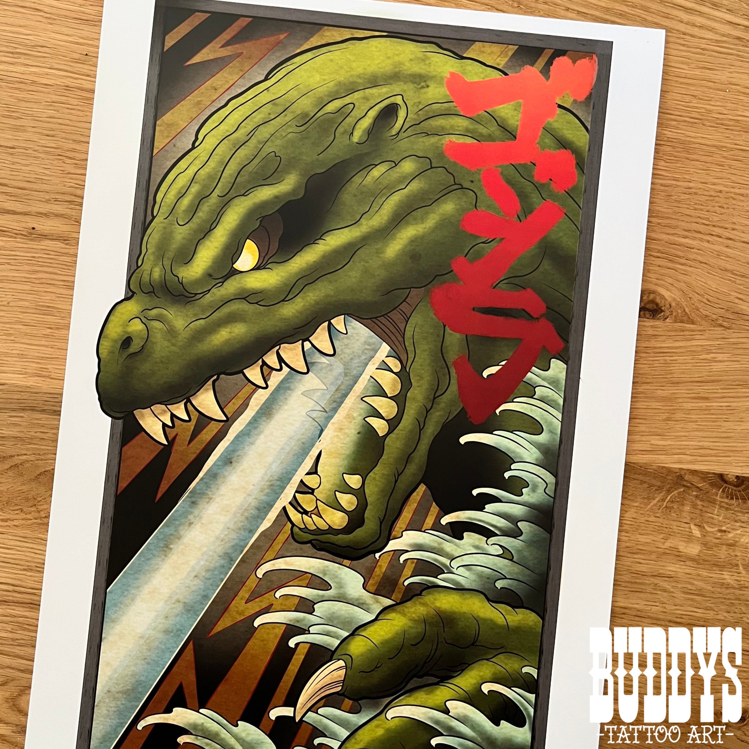 Godzilla Inspired Japanese Style Tatoo Art Print - Etsy