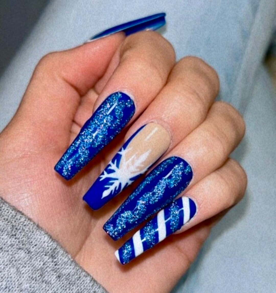 Blue Winter Press on Nails/ Holiday Nails/ Christmas Nail Sets/ Glitter ...