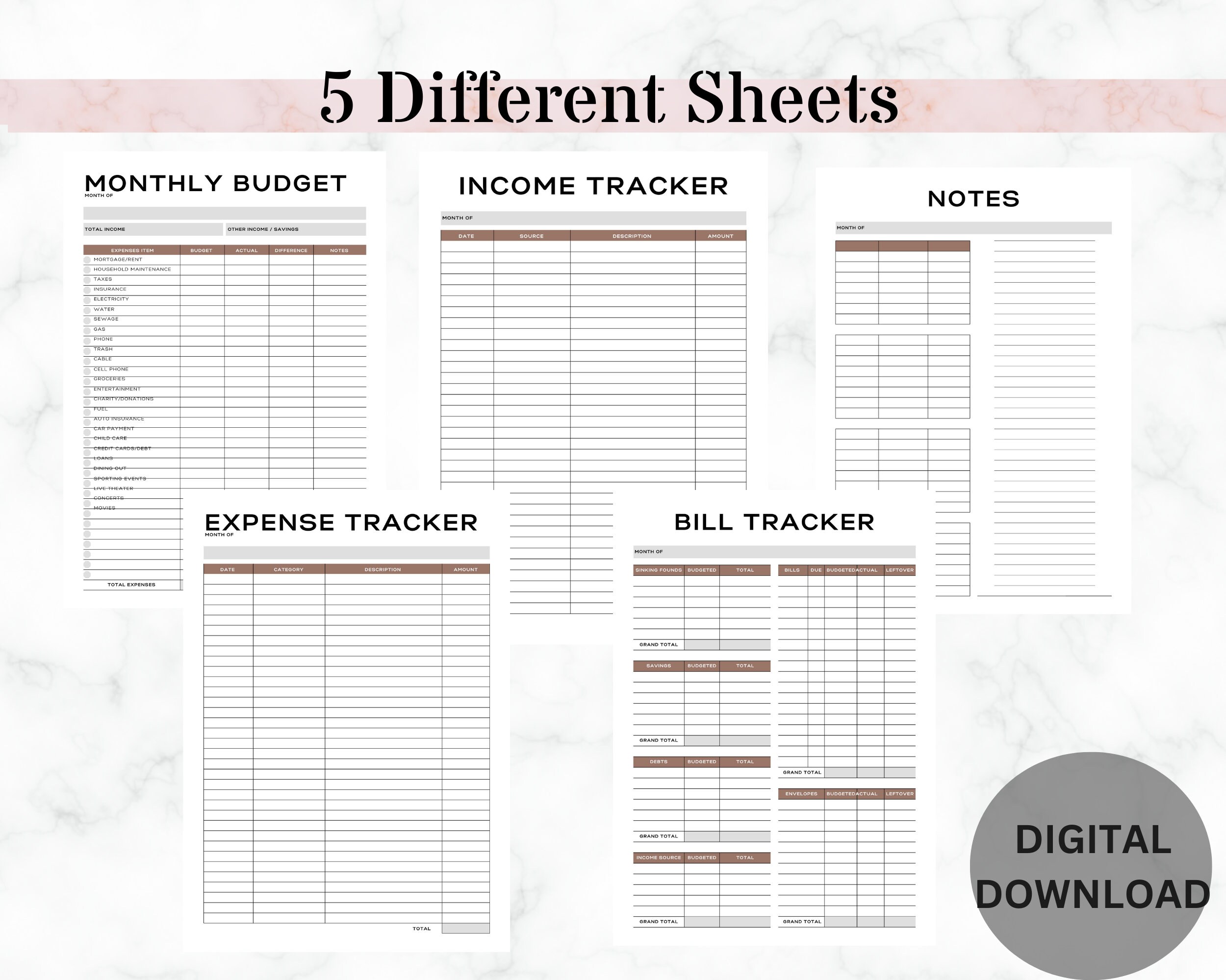 Digital Printable Monthly Business Notes Bill Monthly Budget Income and ...