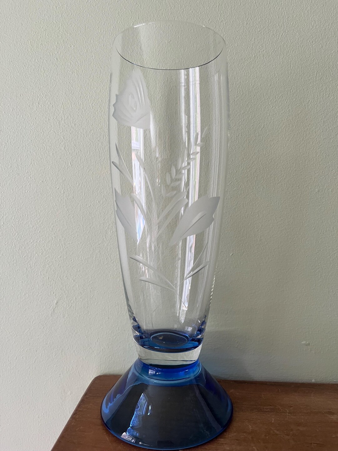 Blue Base Floral Etched Glass Vase - Etsy