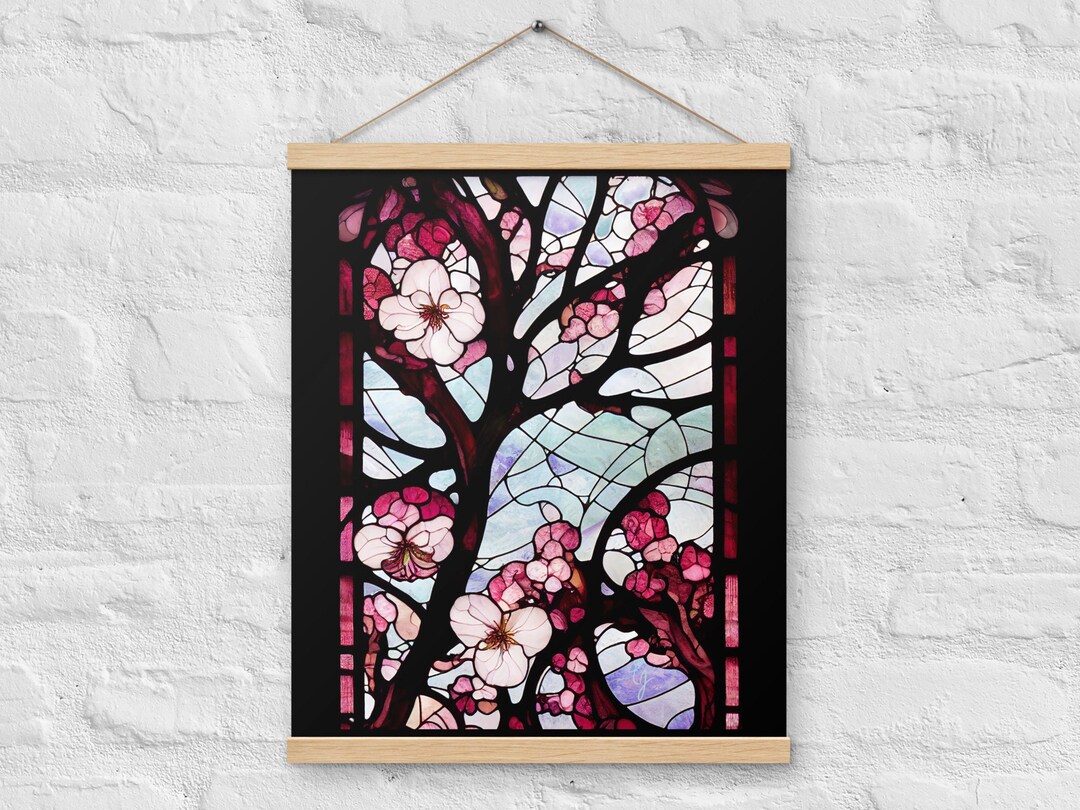 Cherry Blossom Tree Print With Wood Hangers, Faux Stained Glass Art ...