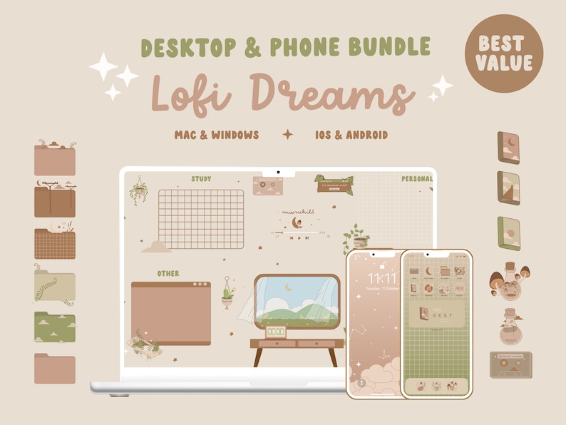 Retro Lofi Dreams Desktop Organizer Wallpaper and App Icons IOS Icon ...