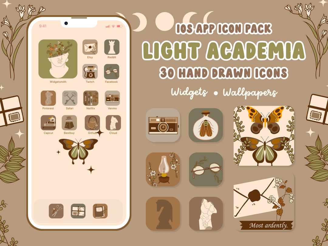 Light Academia Cozy Hand Drawn App Icons Book Lover Vintage Aesthetic ...