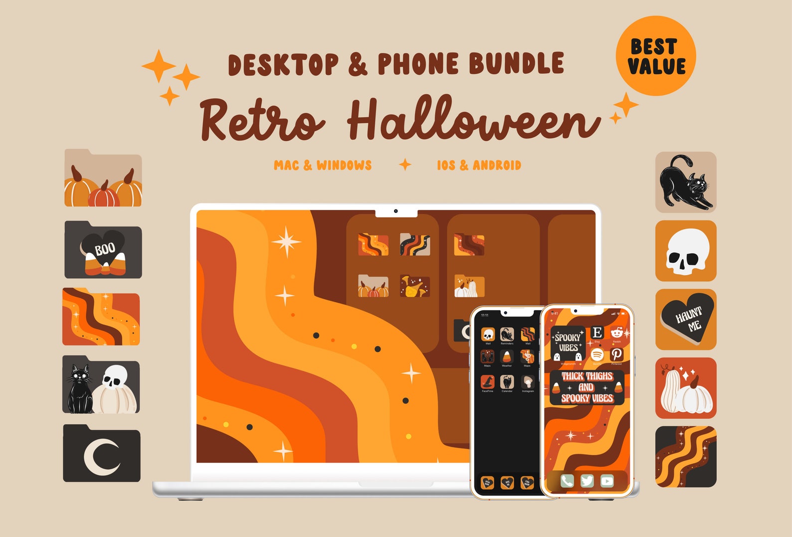 Retro Halloween Desktop Organizer Wallpaper and App Icons IOS - Etsy