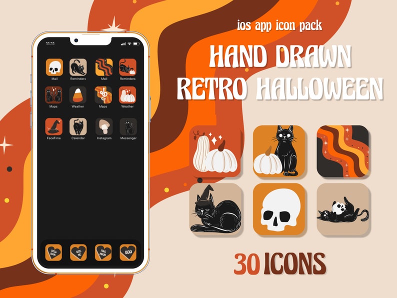 Retro Halloween Desktop Organizer Wallpaper and App Icons IOS Icon Pack ...