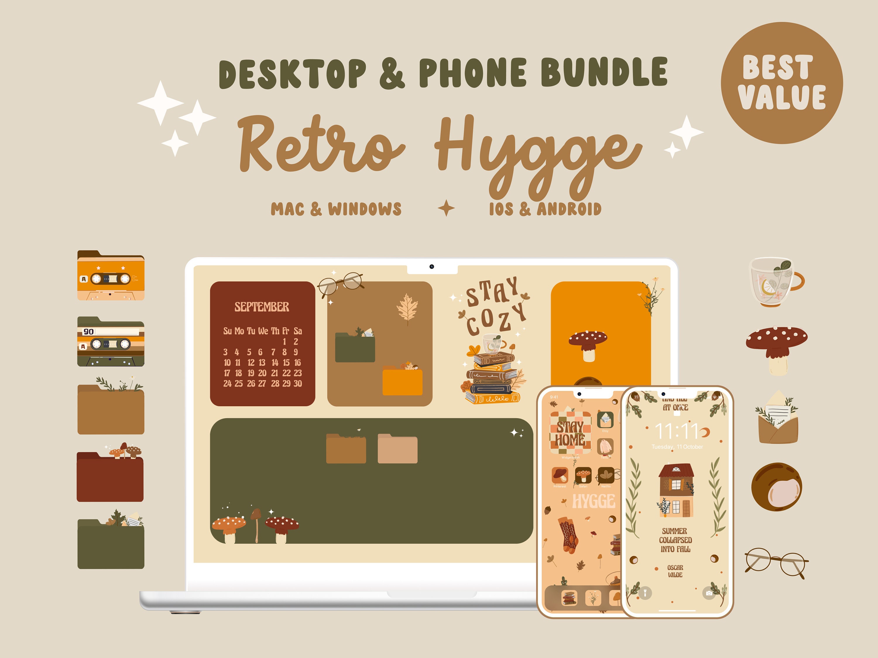 Retro Hygge Cozy Desktop Organizer Wallpaper and App Icons - Etsy