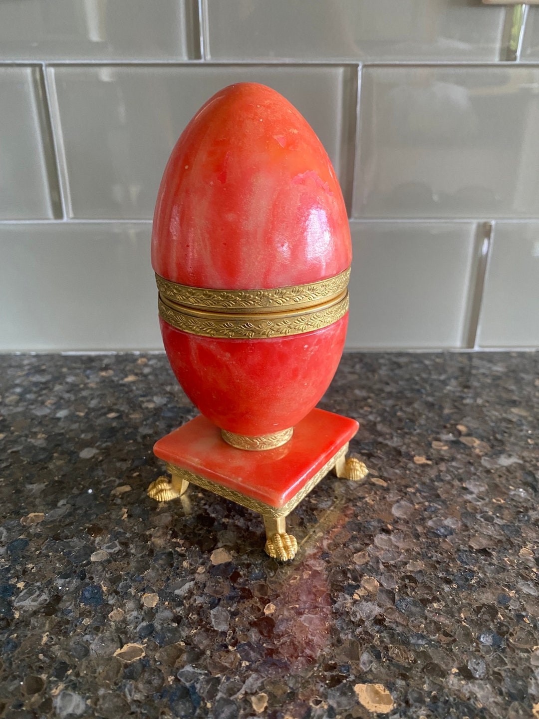 Beautiful Orange Vintage Alabaster Jar With Lid // Egg Shaped Alabaster ...