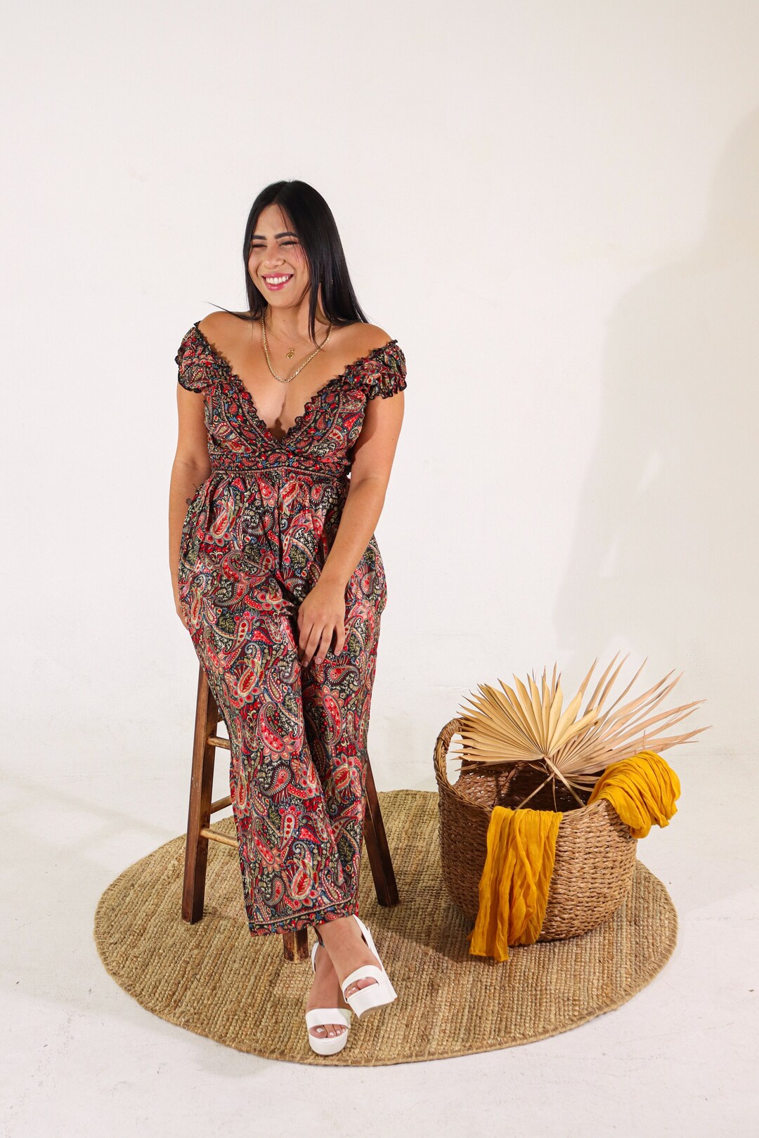 Paisley Long Romper L Ruffled Sleeve Jump Suit L Lettuce Trim V Neck ...