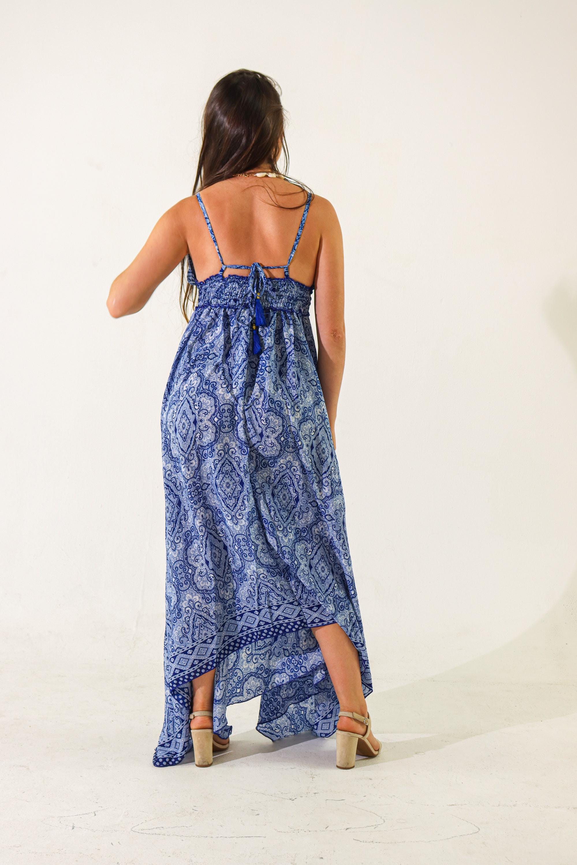 Backless Blue Maxi Dress L Women Boho Spaghetti Strap Dresses L Summer ...