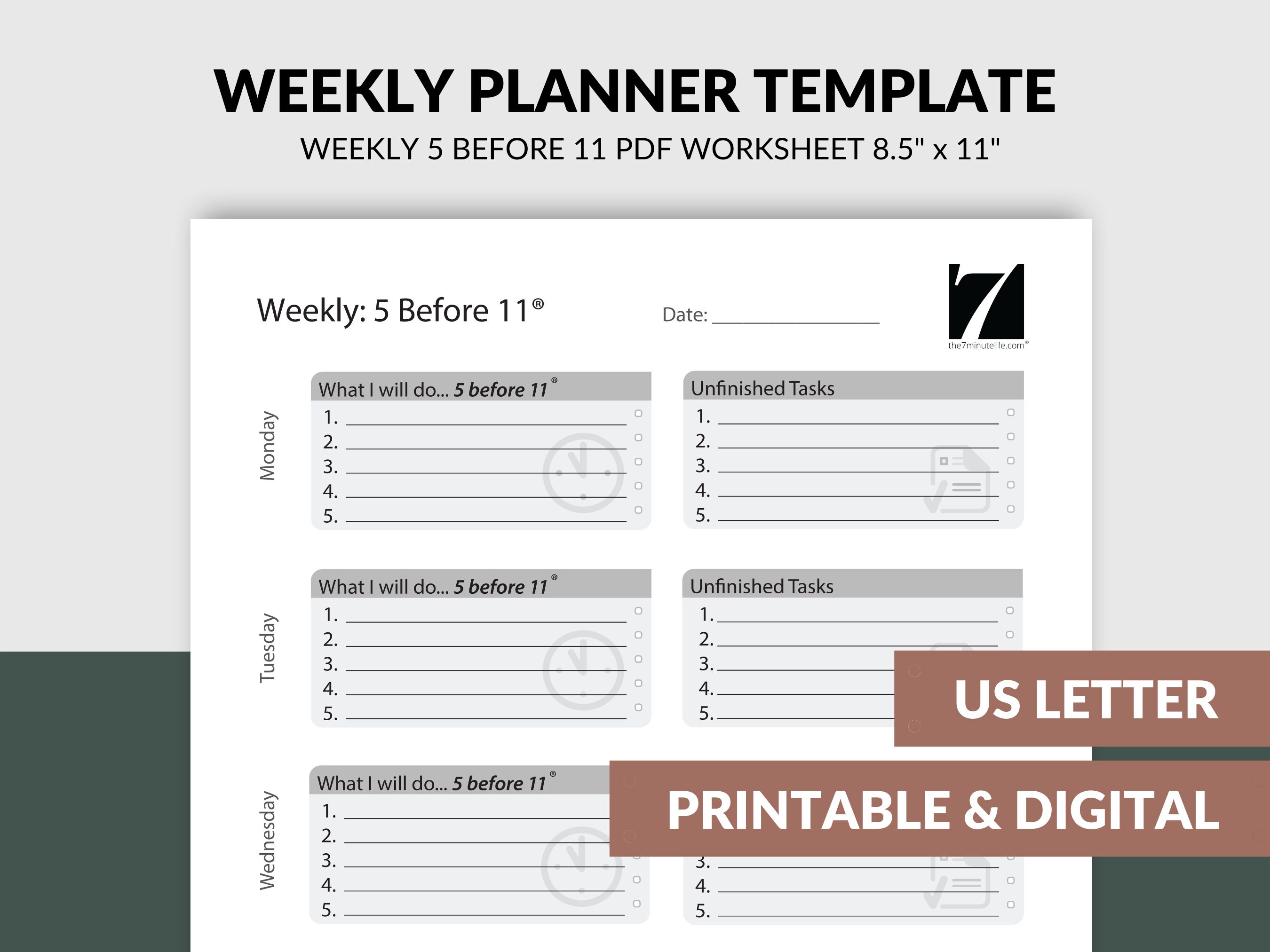Weekly Planner Template | 5 Before 11 to Do List Printable | Weekly ...