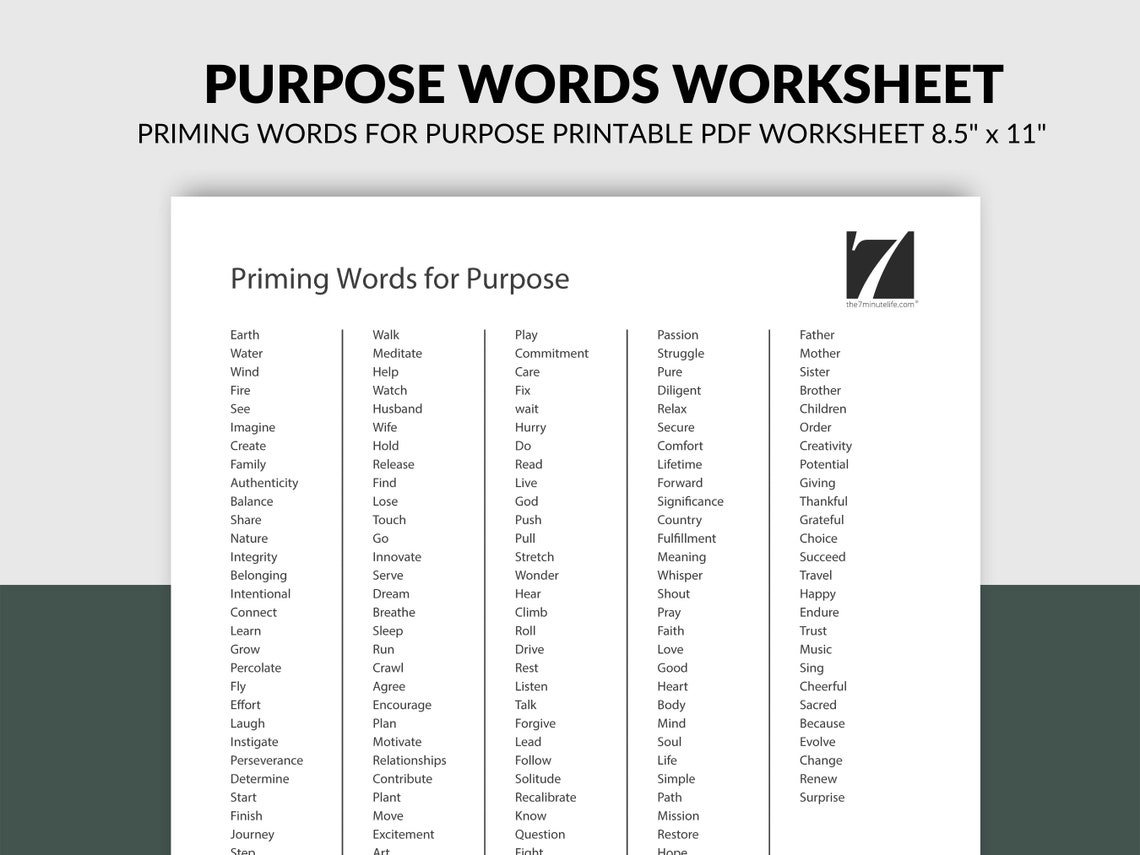 Priming Words for Purpose Worksheet: Life Purpose Tool (printable) - Etsy