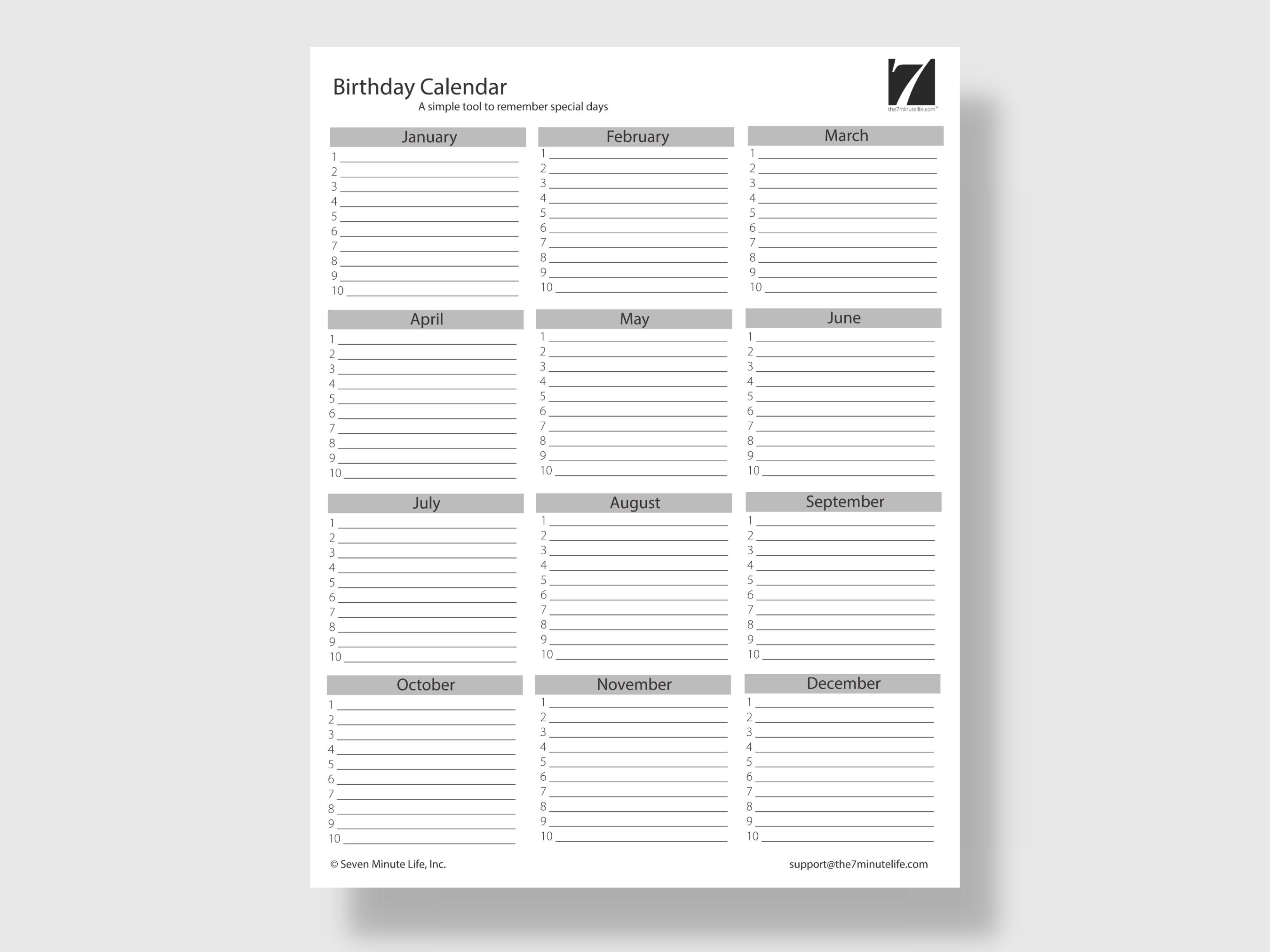 Birthday Calendar Printable | Birthday Tracker Template | Digital ...