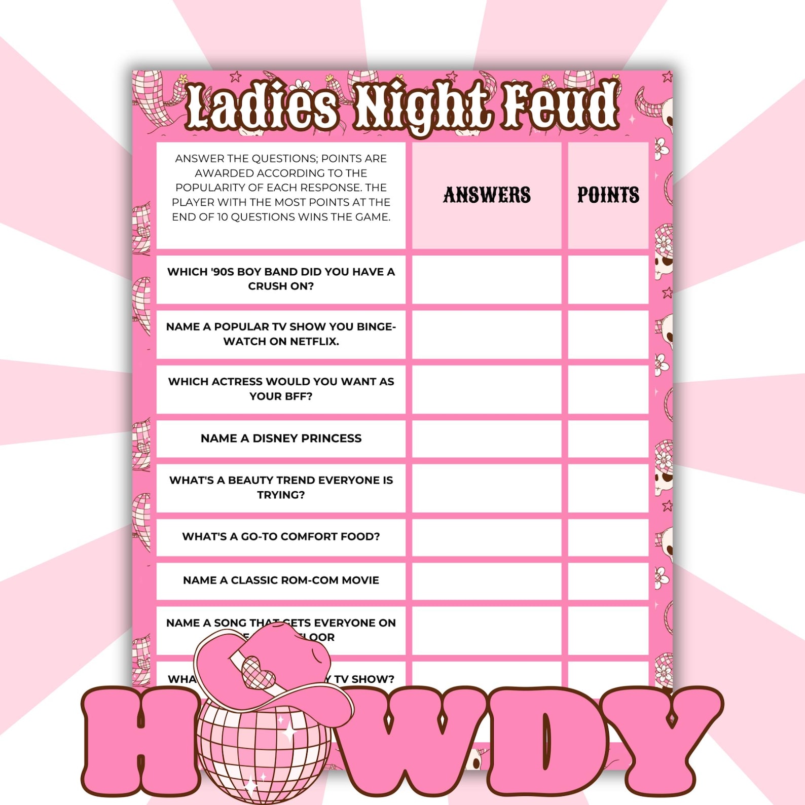 Pink Pony Club Ladies Night Feud Game: Bachelorette Party (digital ...