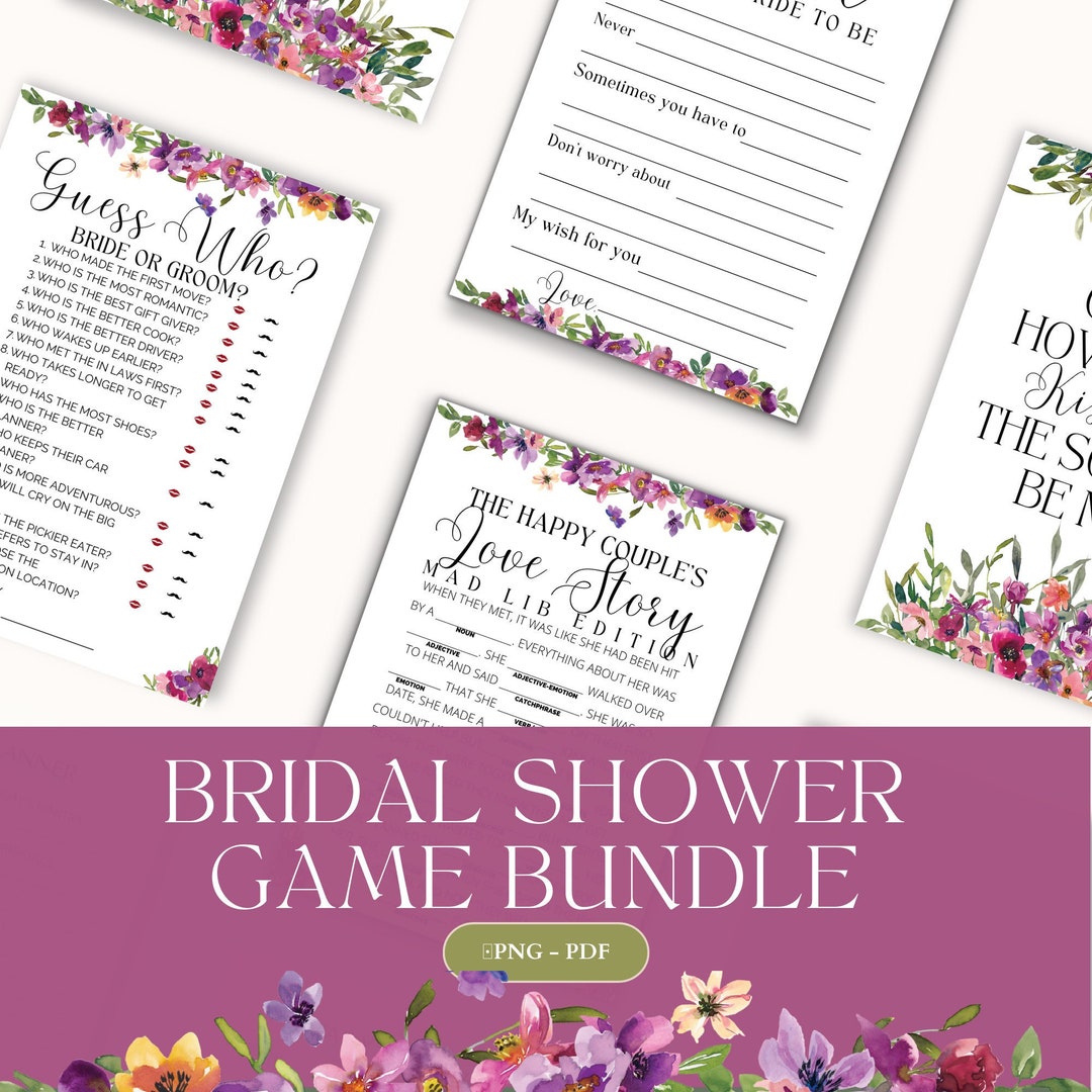 Purple Floral Bridal Shower Game Bundle: Elegant Watercolor (instant ...